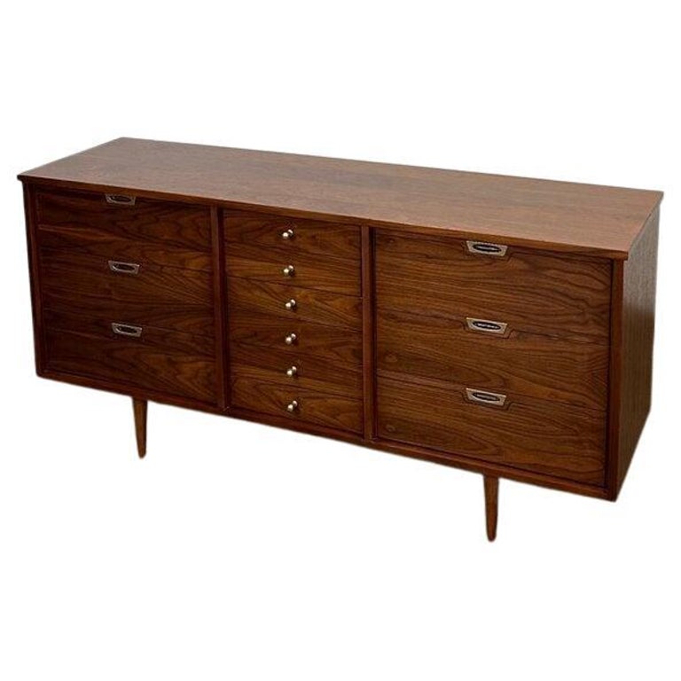Midcentury Walnut Dresser with Gold Hardware For Sale at 1stDibs