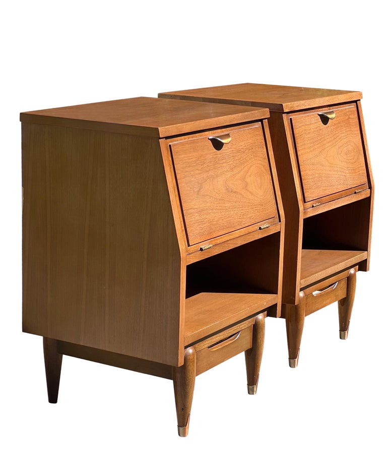 Mid Century Walnut Drop-Front Nightstands For Sale at 1stDibs