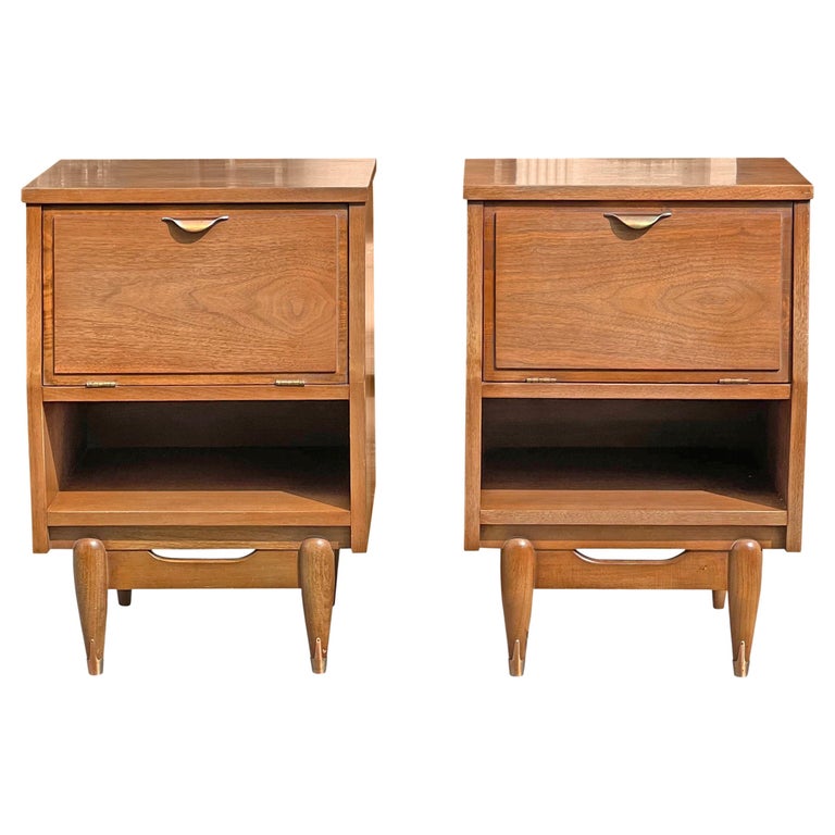 Mid Century Walnut Drop-Front Nightstands For Sale at 1stDibs