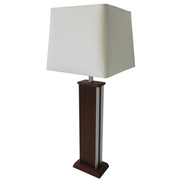 Mid Century Walnut Stainless Table Lamp For Sale at 1stDibs
