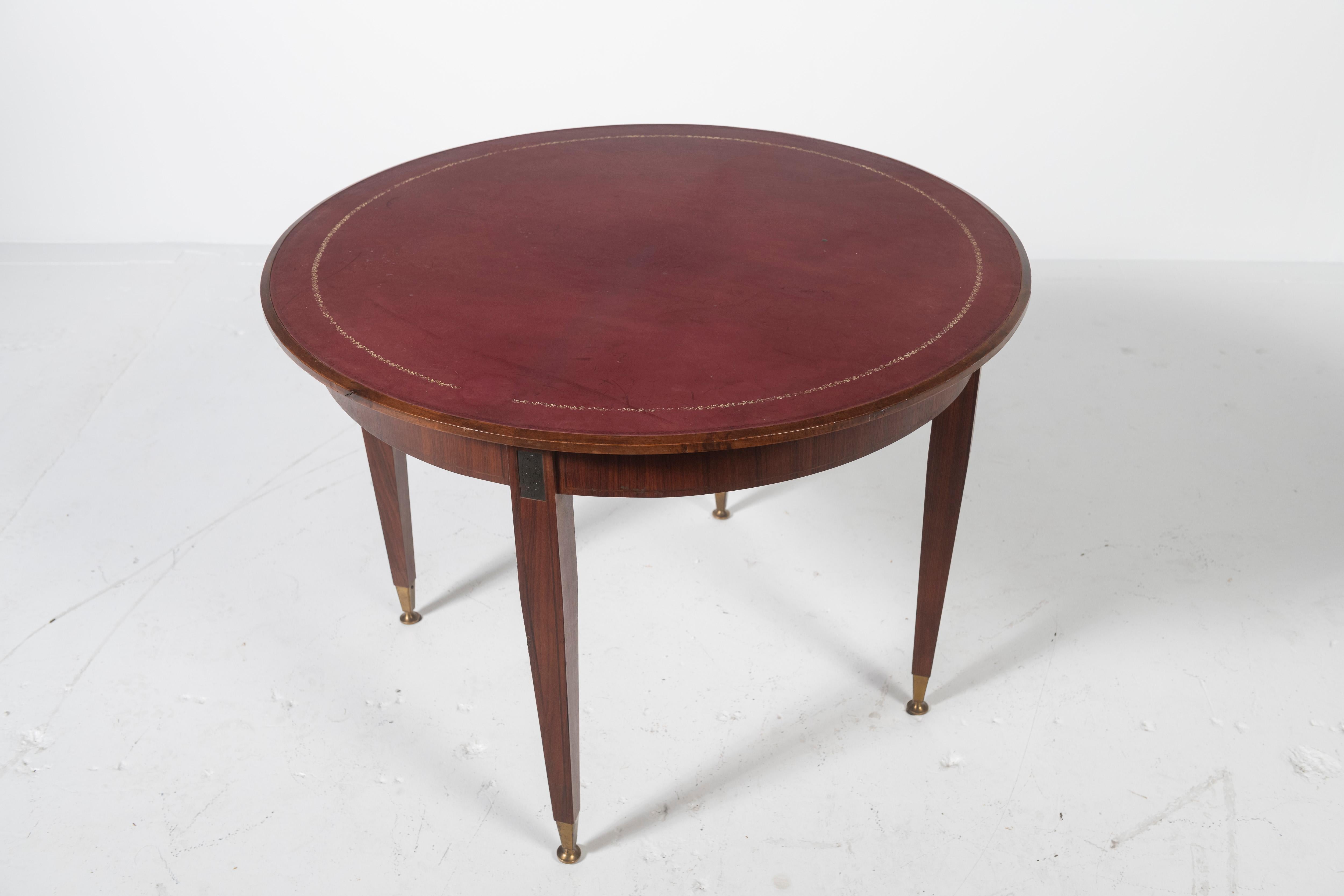 Mid-Century Walnut Table with Leather, Gilt Profiles and Brass Ferrules ...