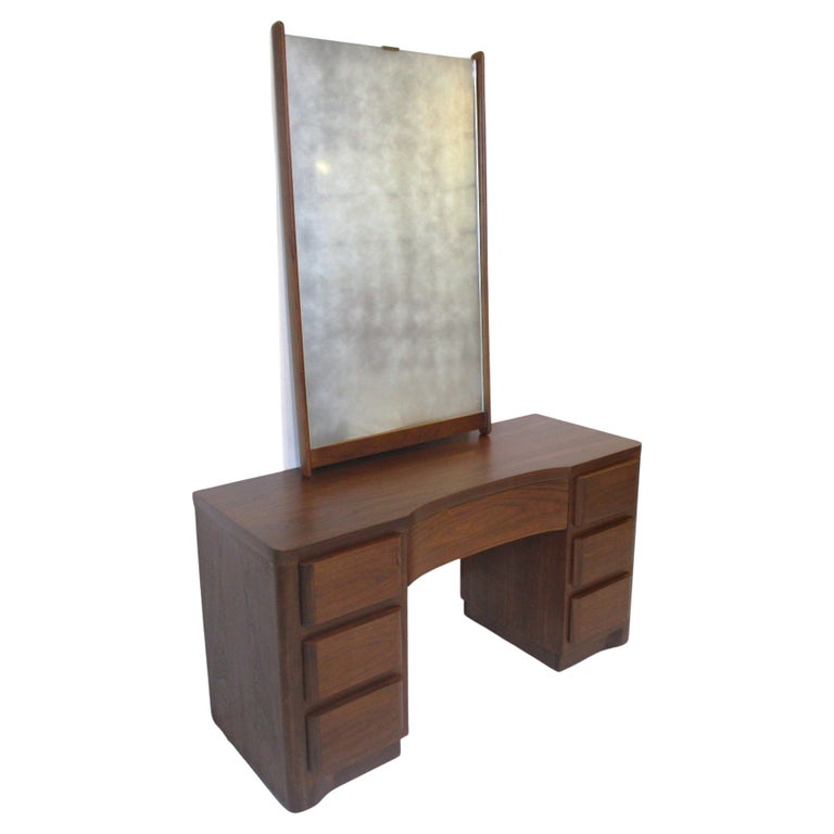 Midcentury Walnut Vanity with Mirror For Sale at 1stDibs