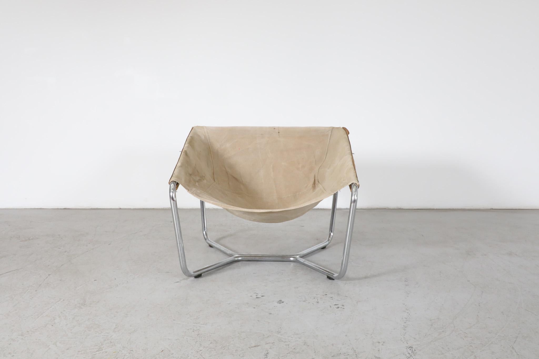 Mid-Century Walter Antonis Style Chrome and Canvas Sling Lounge Chair ...