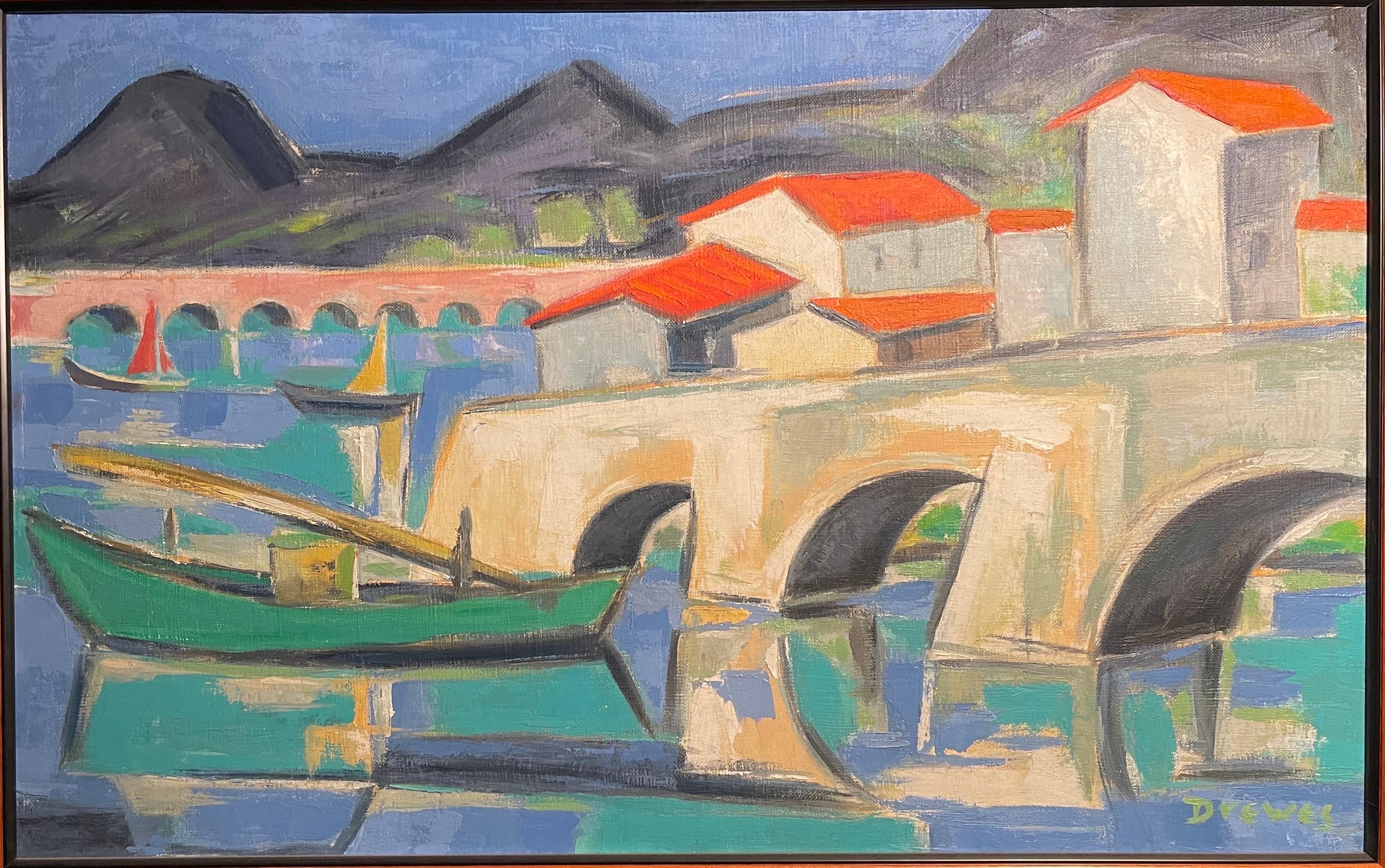 Mid Century Werner Drewes Oil Painting "Basque Fishing Port" Bauhaus ...