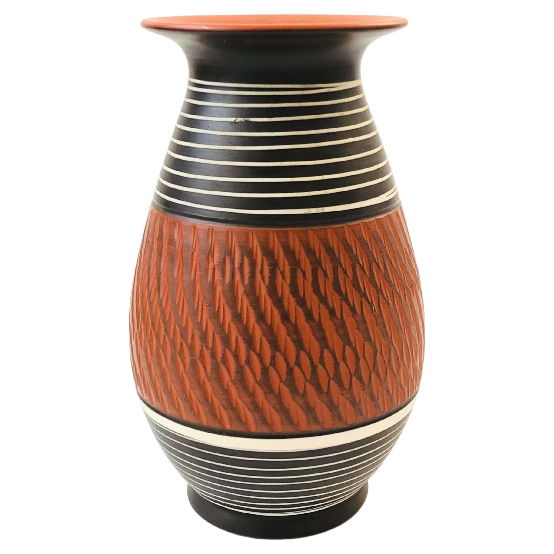 Mid Century West German Wekara Carved Pottery Vase For Sale at 1stDibs