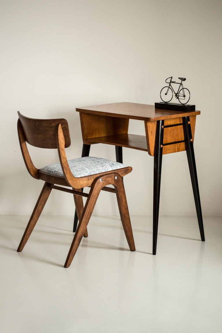 Midcentury White and Blue Linnen Boomerang Chair, Dark Wood, Poland ...