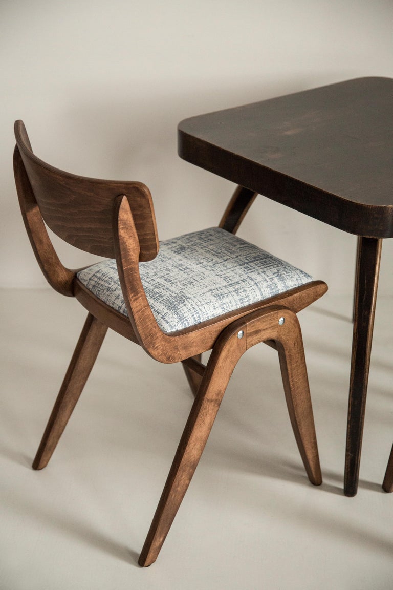 Midcentury White and Blue Linnen Boomerang Chair, Dark Wood, Poland ...