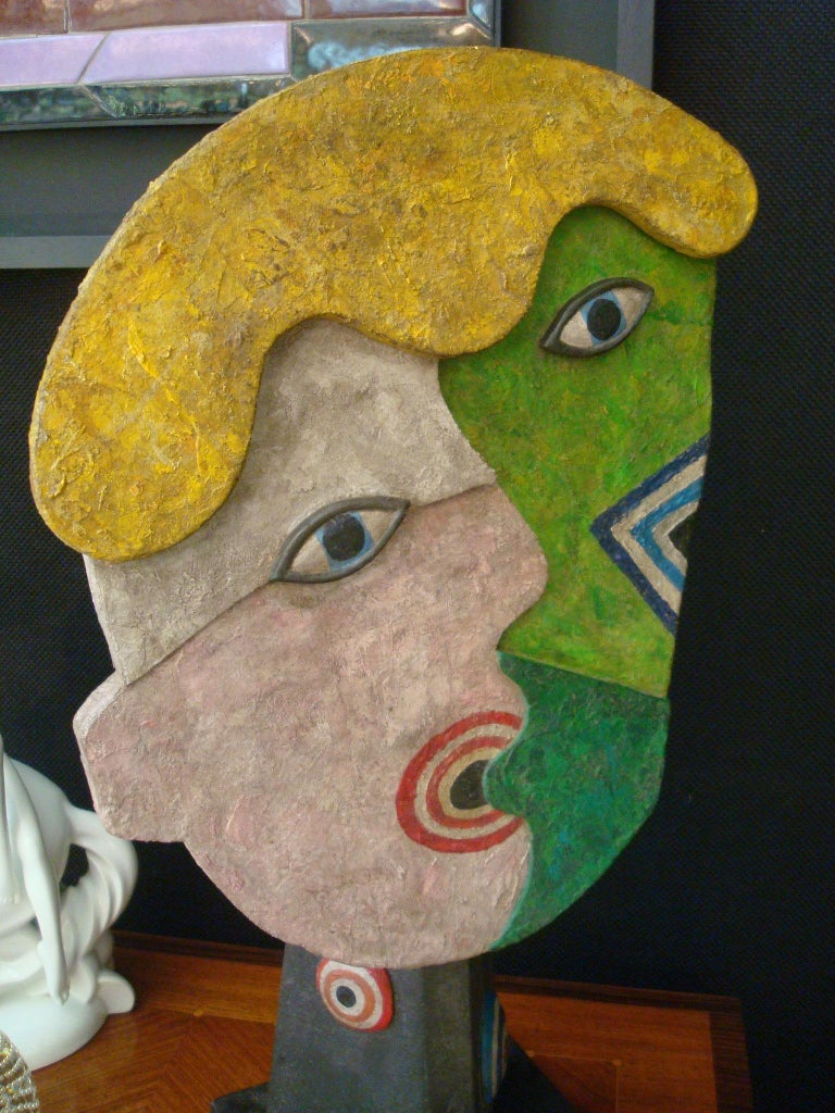 Mid-Century Wooden Face Sculpture of Two People Talking For Sale at 1stDibs
