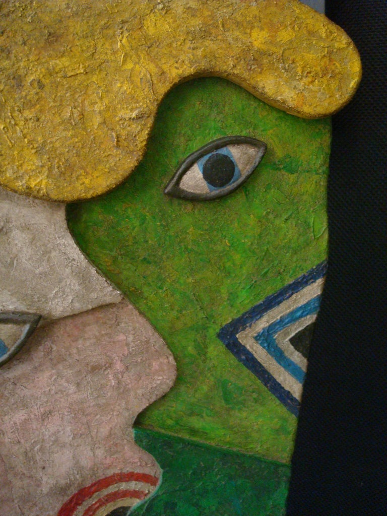 Mid-Century Wooden Face Sculpture of Two People Talking For Sale at 1stDibs
