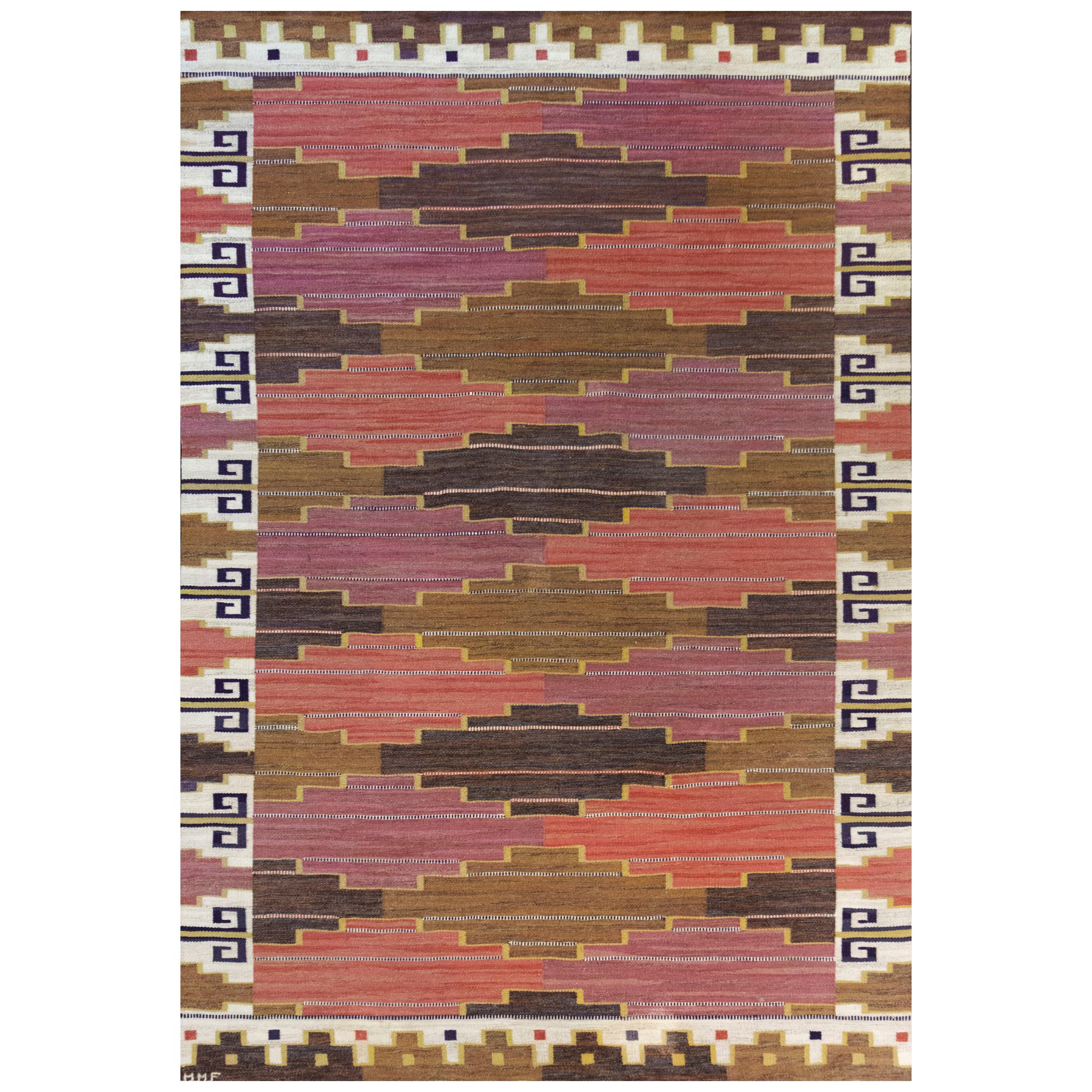 Signed Mid-20th Century Handwoven Wool Swedish Rug For Sale at 1stDibs