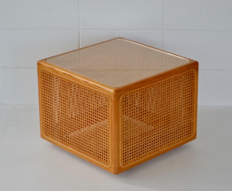 Midcentury Woven Cane Cube Form Side Table For Sale at 1stDibs