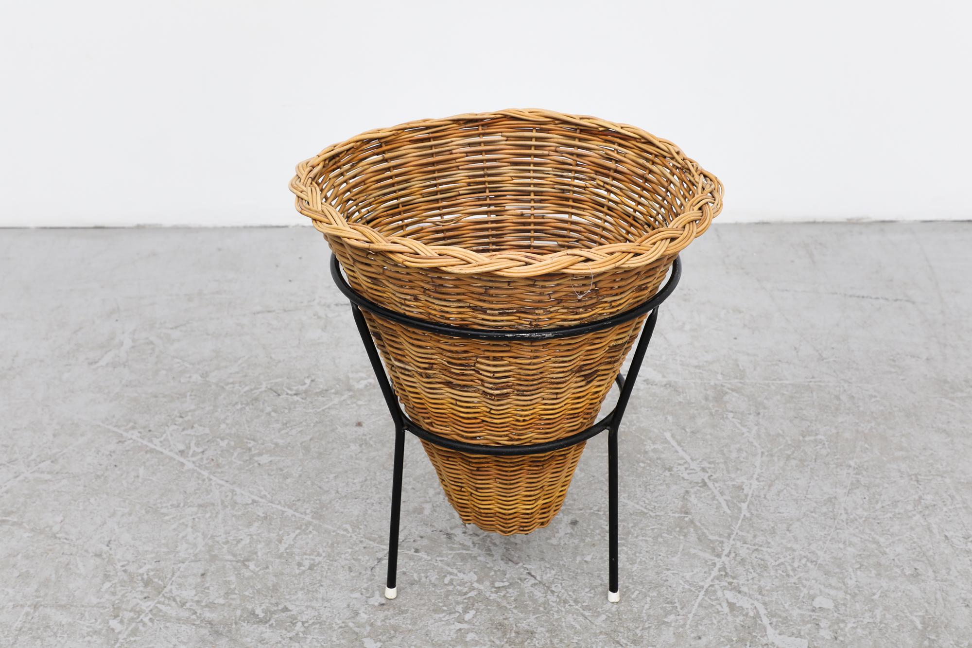 Midcentury Woven Cone Basket with Black Wire Frame For Sale at 1stDibs
