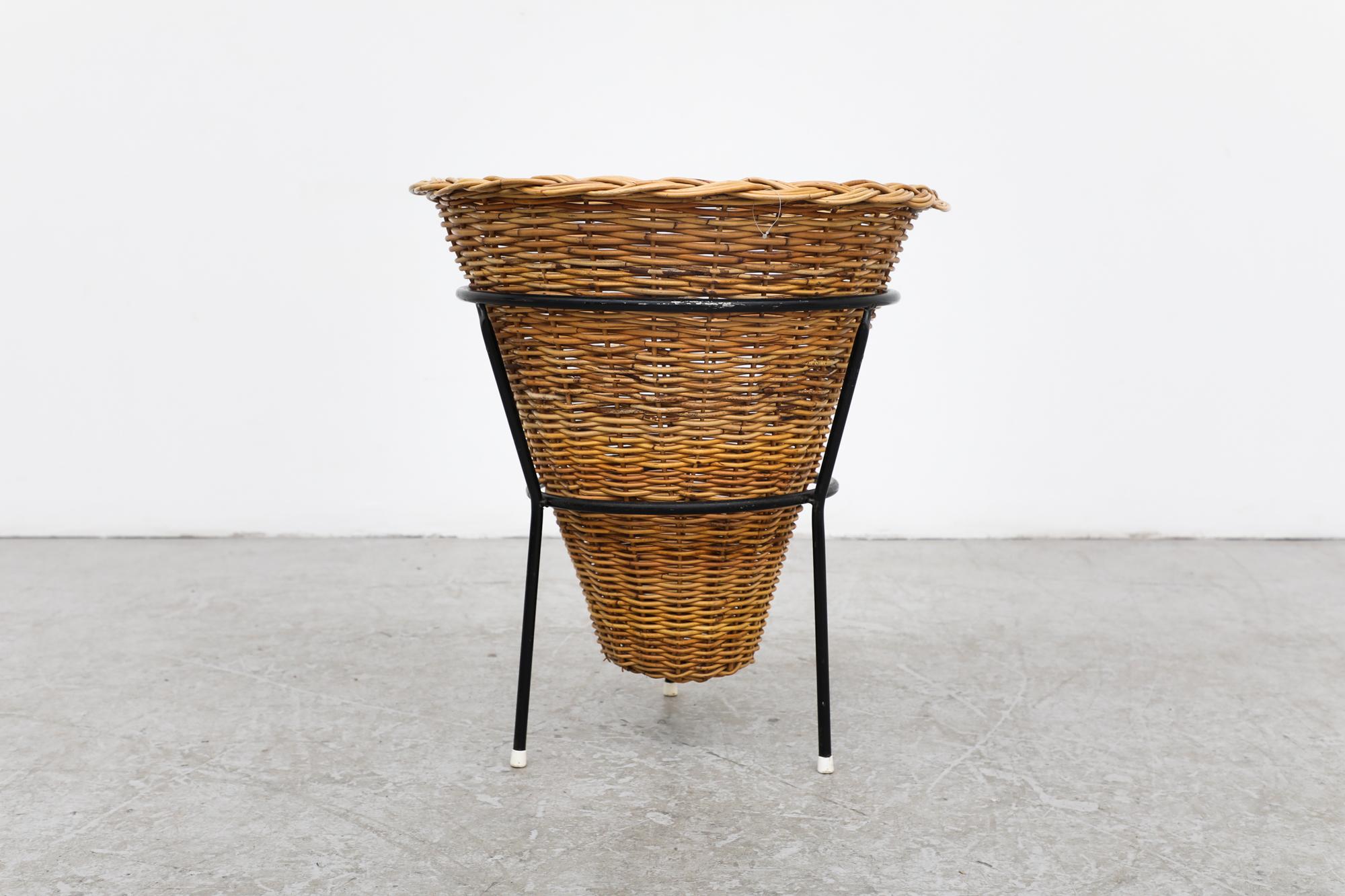 Midcentury Woven Cone Basket with Black Wire Frame For Sale at 1stDibs