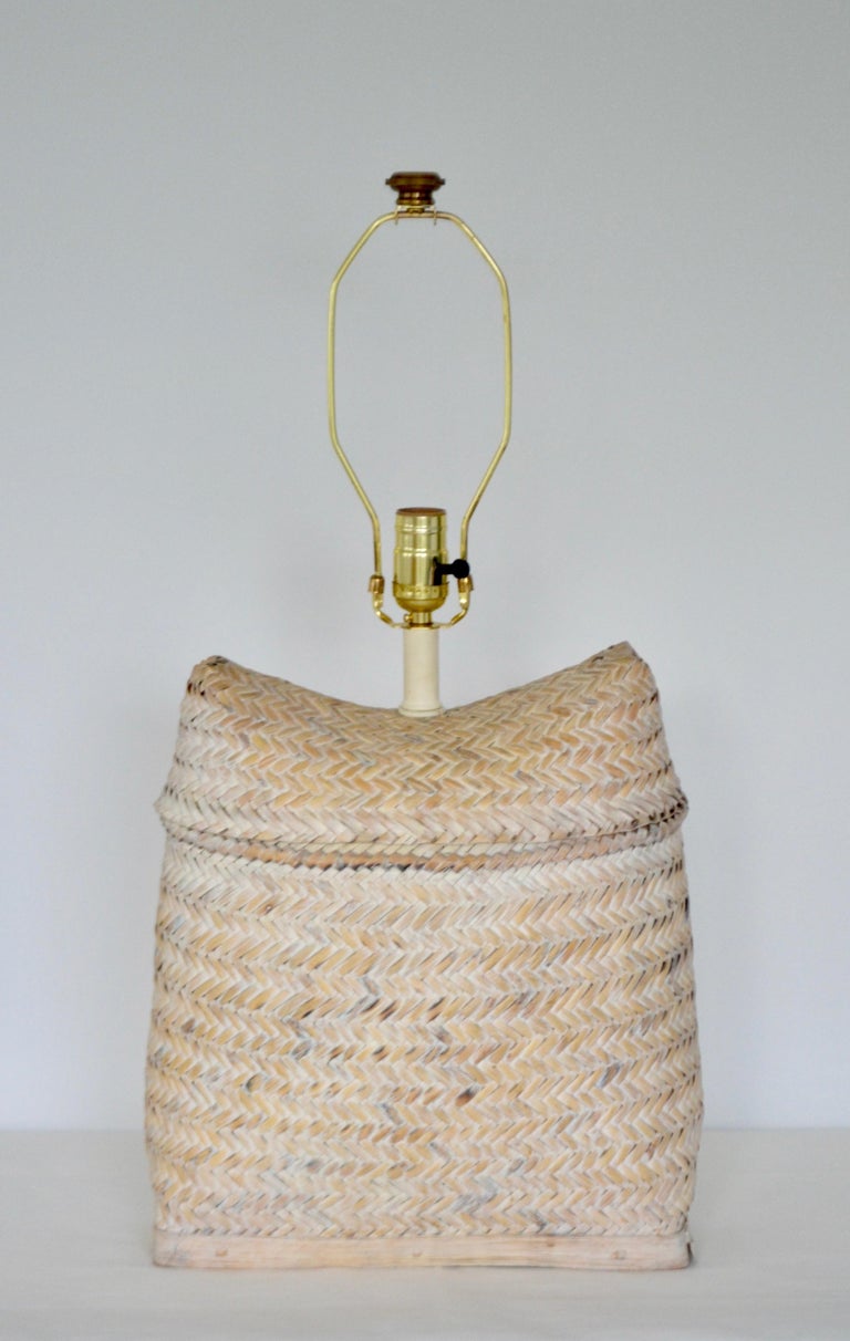 Midcentury Woven Rattan Basket Table Lamp For Sale at 1stDibs