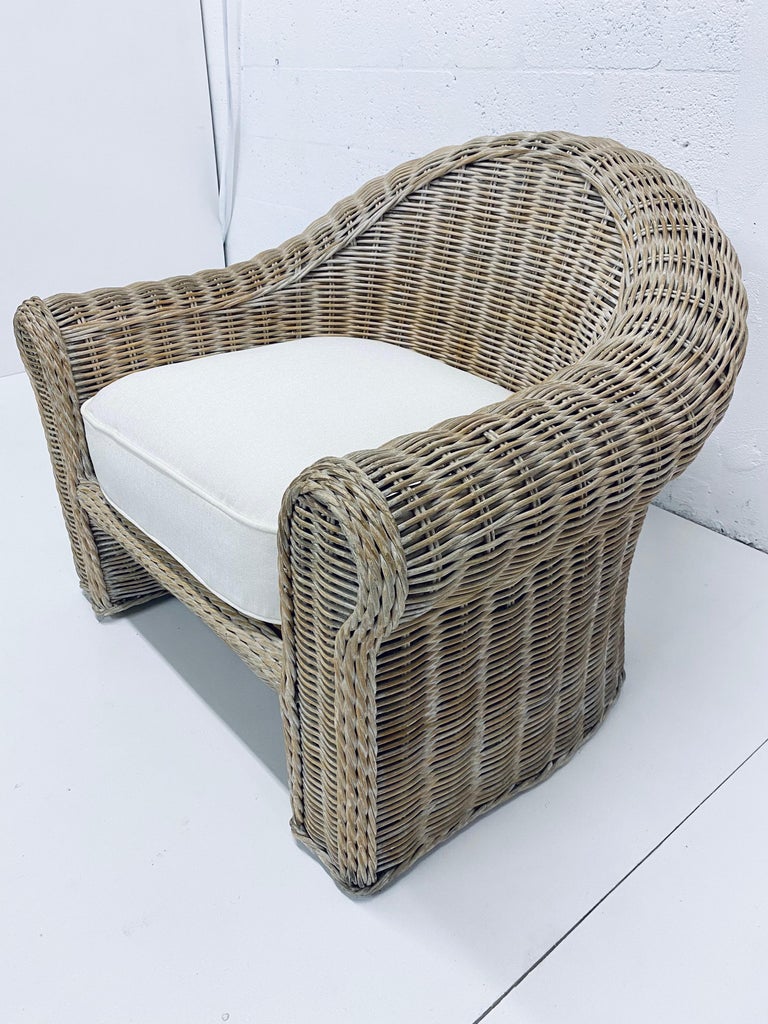 Midcentury Woven Reed Lounge Chair with New White Cotton Linen ...