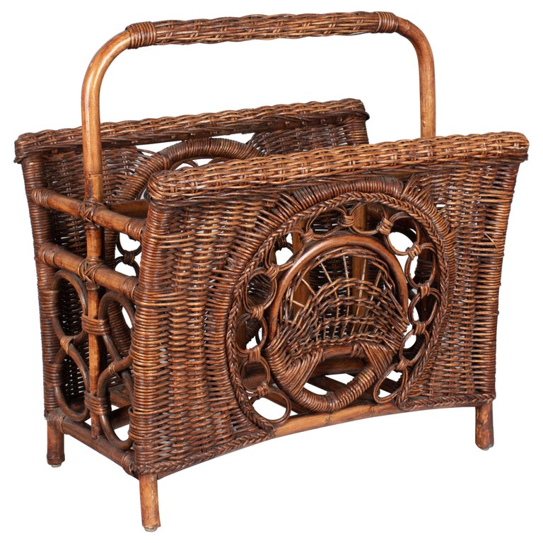 Midcentury Woven Wicker Magazine Rack at 1stDibs