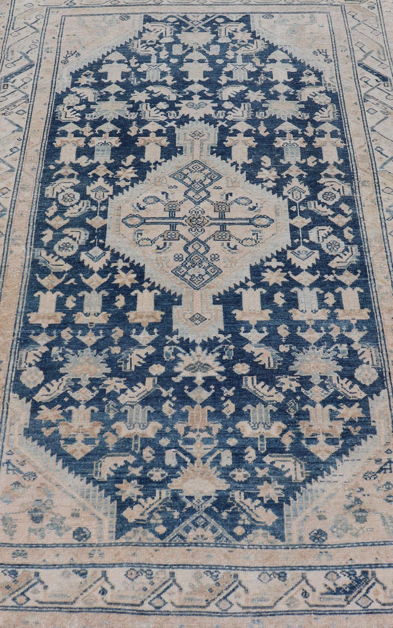 Mid Night Blue Background Antique Persian Hamadan Rug with Taupe and ...