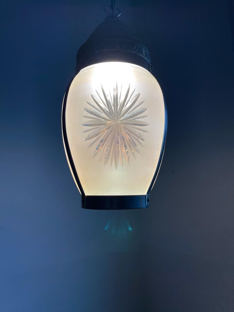 Good Size Arts and Crafts Engraved Star Glass, Brass Hall Entry Lantern ...