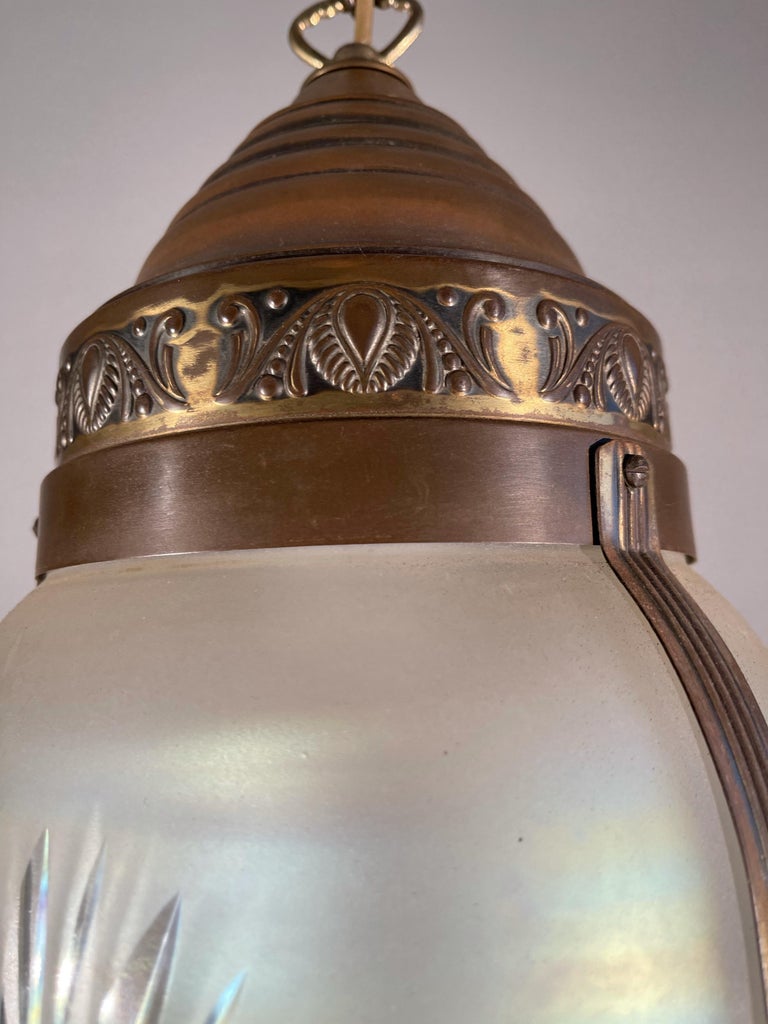 Good Size Arts and Crafts Engraved Star Glass, Brass Hall Entry Lantern ...