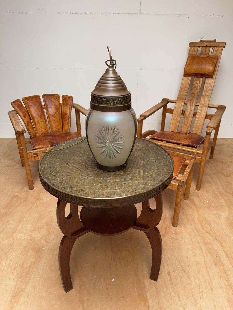 Good Size Arts and Crafts Engraved Star Glass, Brass Hall Entry Lantern ...