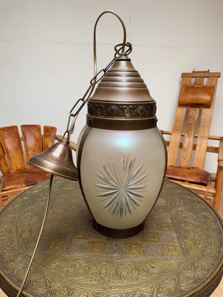 Good Size Arts and Crafts Engraved Star Glass, Brass Hall Entry Lantern ...