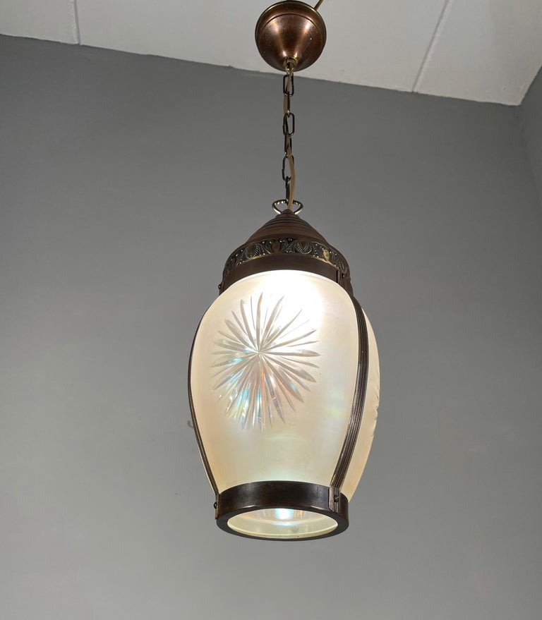 Good Size Arts and Crafts Engraved Star Glass, Brass Hall Entry Lantern ...