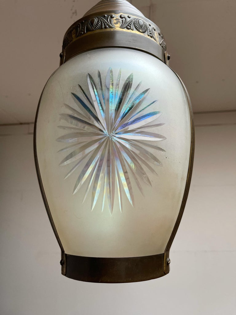 Good Size Arts and Crafts Engraved Star Glass, Brass Hall Entry Lantern ...