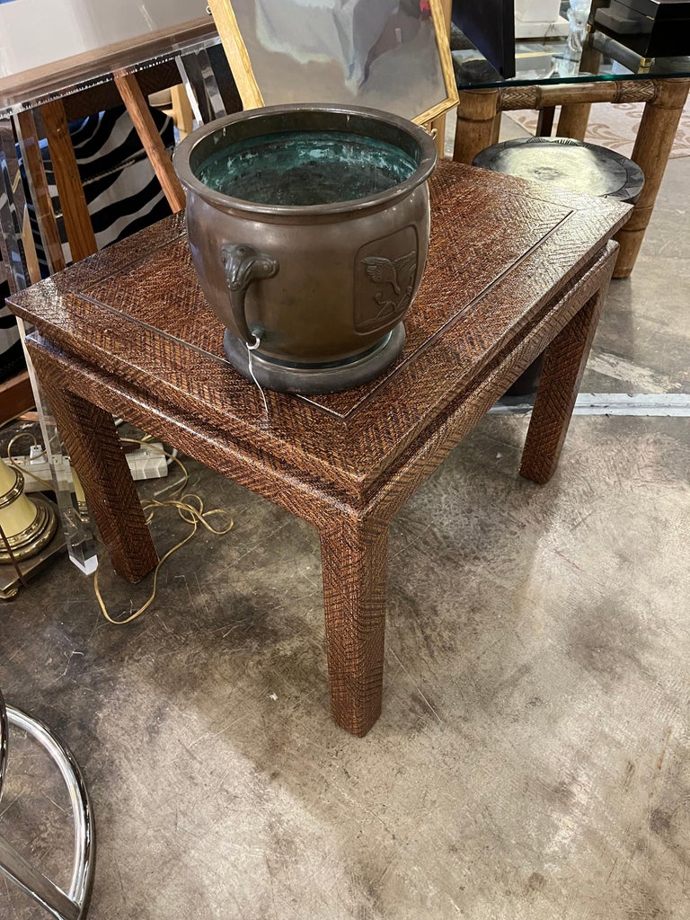 Mid Twentieth Century Woven Raffia Side Table with Brass Inlay For Sale ...