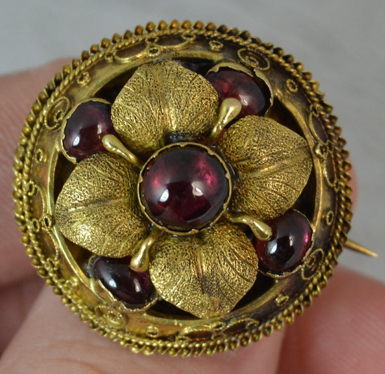 Mid Victorian 15 Karat Gold and Garnet Cabochon Brooch at 1stDibs