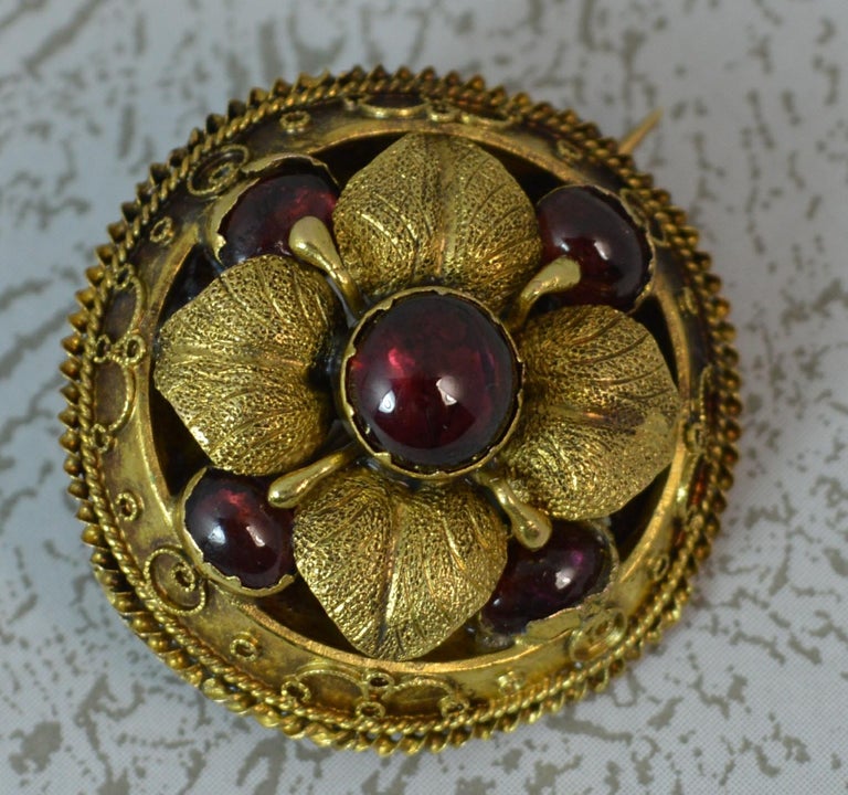 Mid Victorian 15 Karat Gold and Garnet Cabochon Brooch at 1stDibs