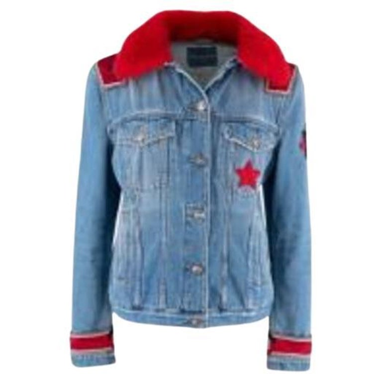 mid-wash denim and red mink jacket For Sale at 1stDibs