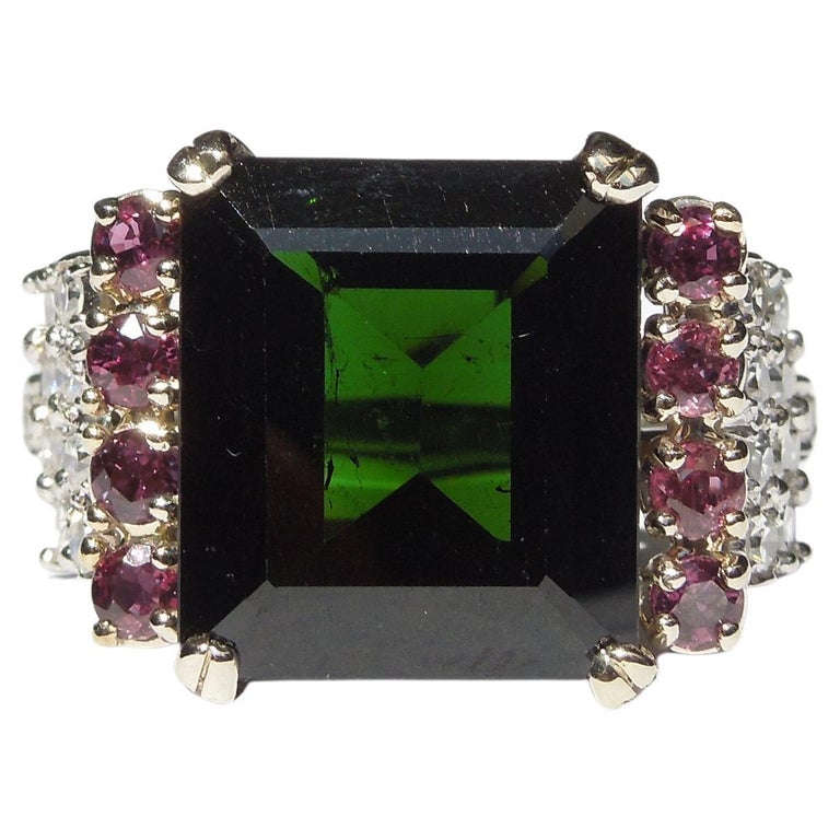 Midcentury 14 Karat Tourmaline, Ruby and Diamond Ring For Sale at 1stDibs