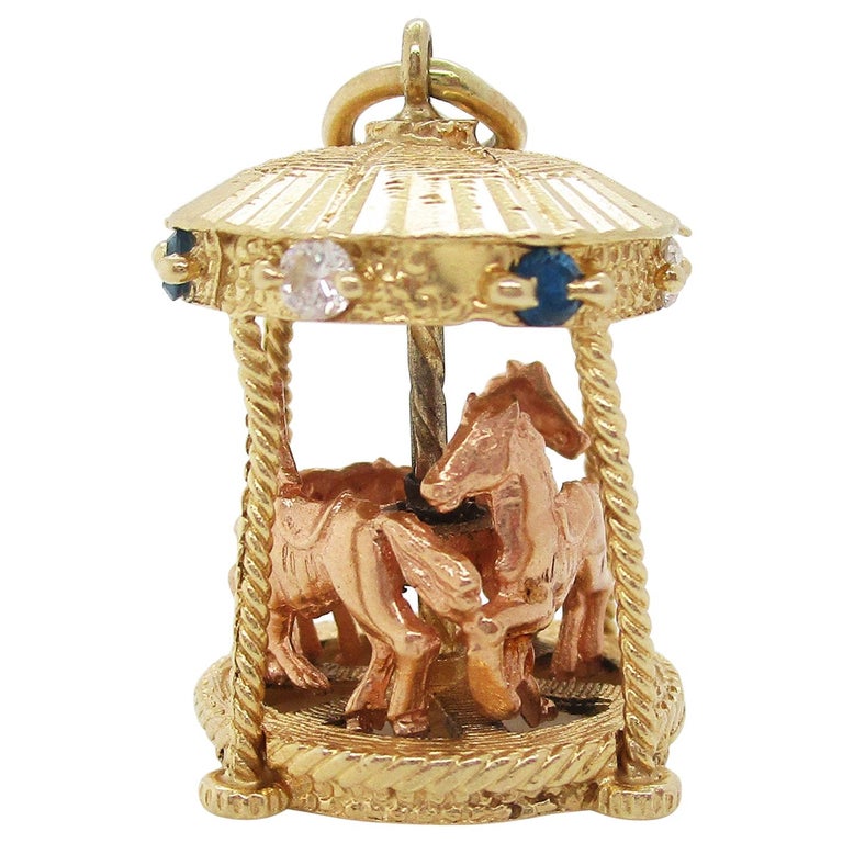 Midcentury 14 Karat Yellow Gold Sapphire Diamond Movable Carousel ...