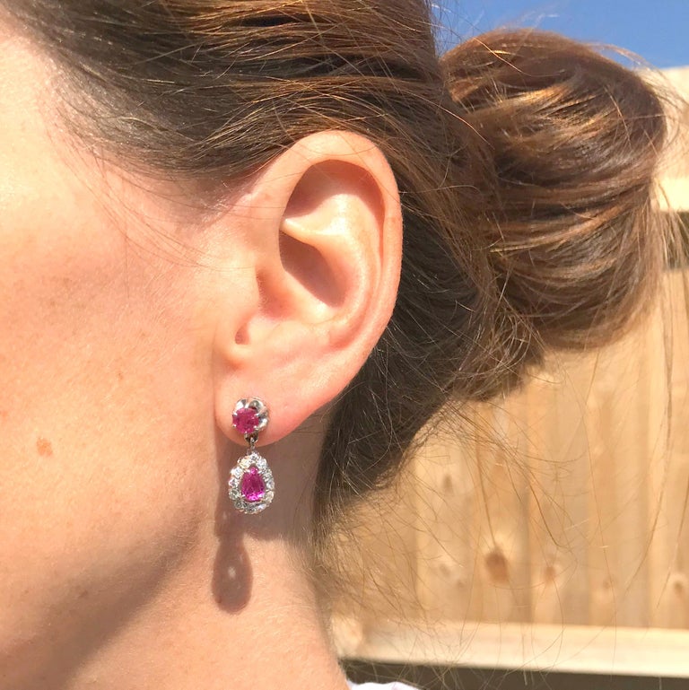 Midcentury 1.70 Carat Ruby and Diamond Pear Drop Earrings For Sale at ...
