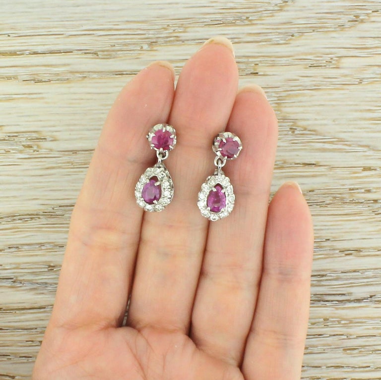 Midcentury 1.70 Carat Ruby and Diamond Pear Drop Earrings For Sale at ...