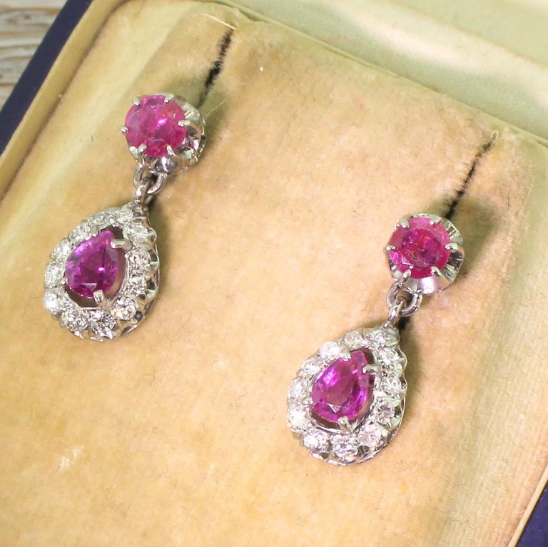 Midcentury 1.70 Carat Ruby and Diamond Pear Drop Earrings For Sale at ...