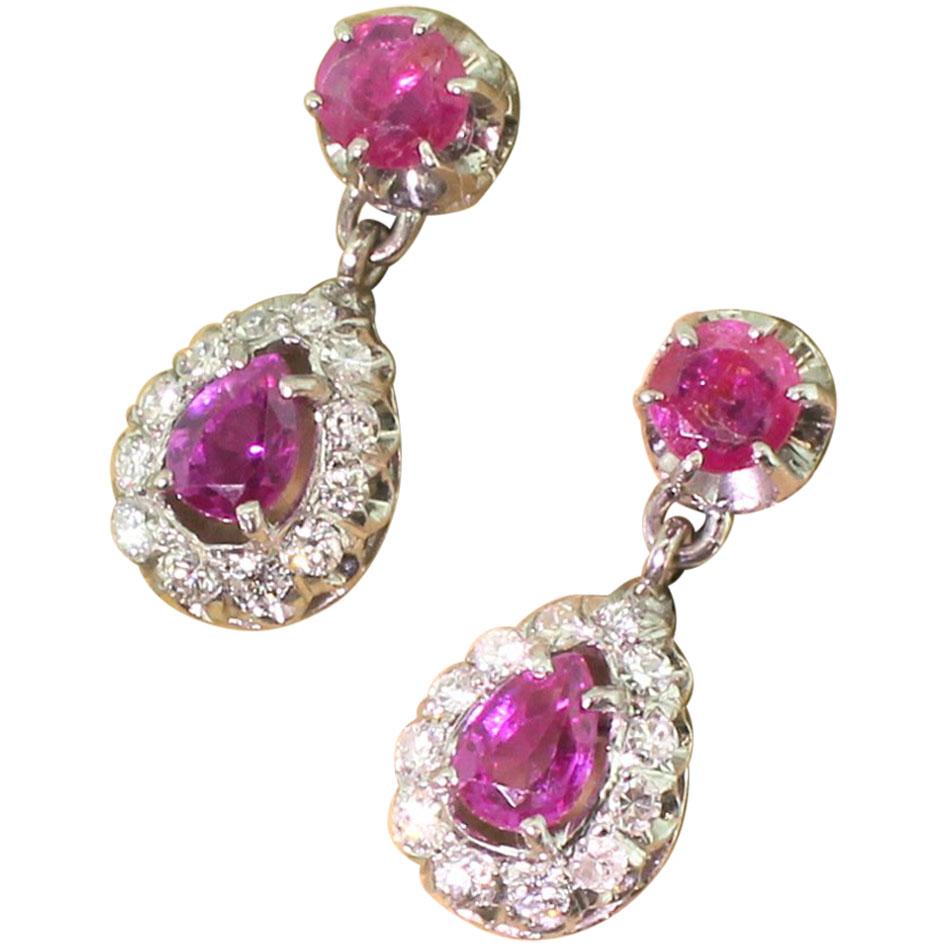 Midcentury 1.70 Carat Ruby and Diamond Pear Drop Earrings For Sale at ...