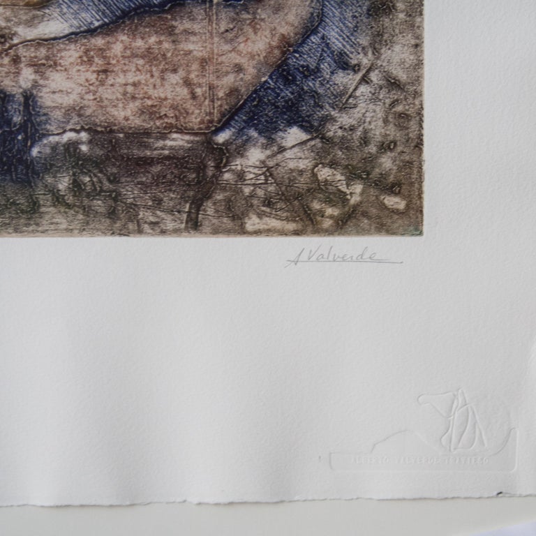 Midcentury Alberto Valverde Travieso Engraving on Paper Painting, Spain ...