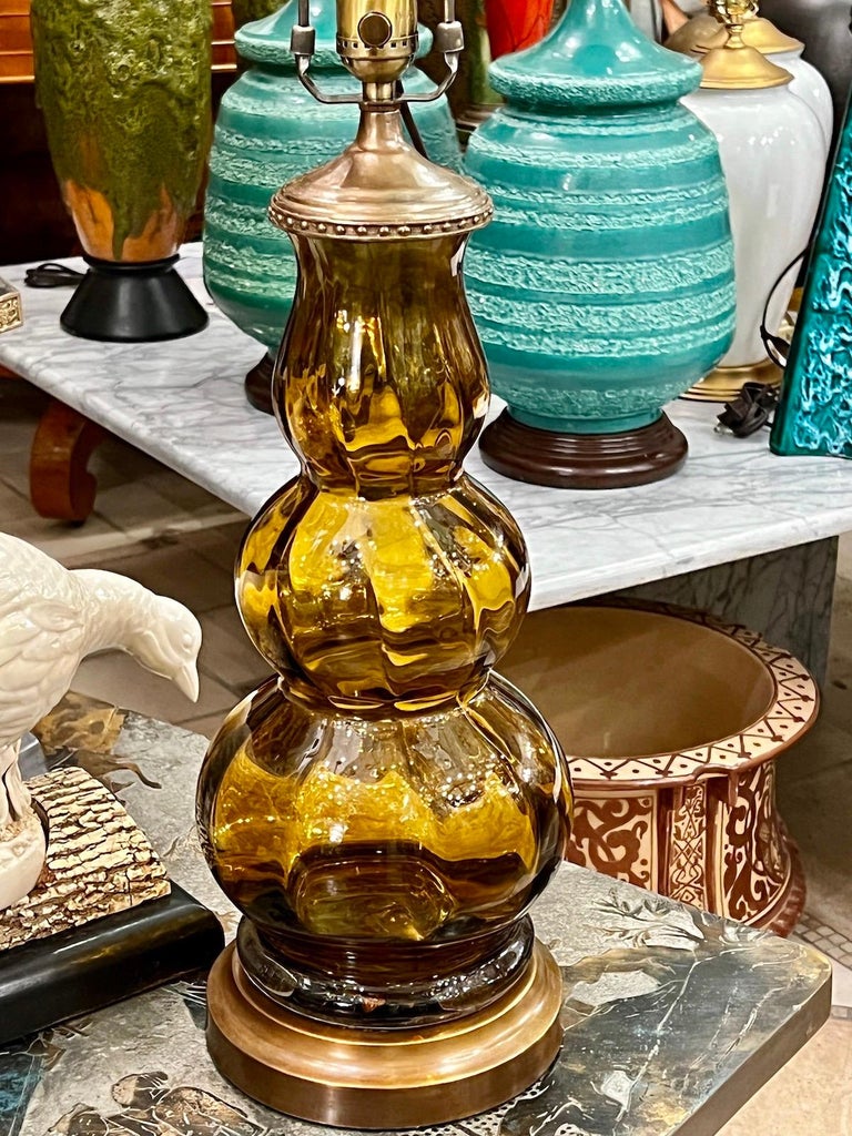 Mid-Century Amber Glass Table Lamp For Sale at 1stDibs