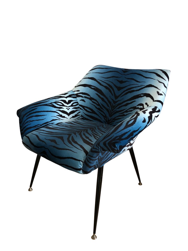 Midcentury Armchair, in Blue Zebra Print Velvet, Europe, 1960s For Sale ...