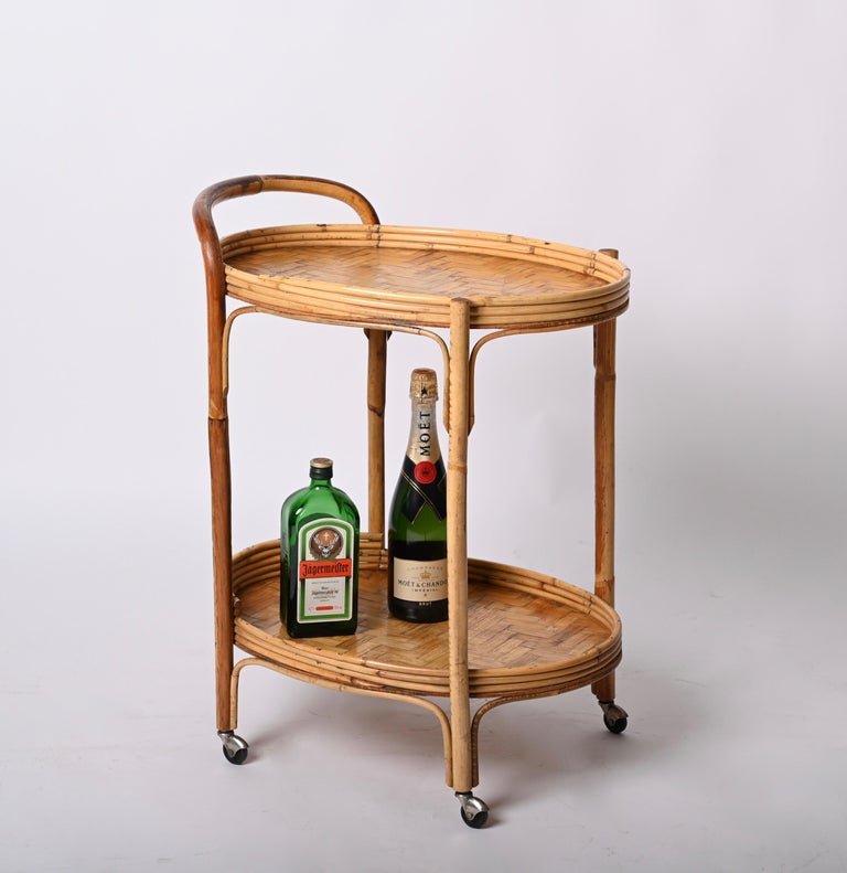 Midcentury Bamboo and Rattan Italian Oval Serving Bar Cart Trolley ...