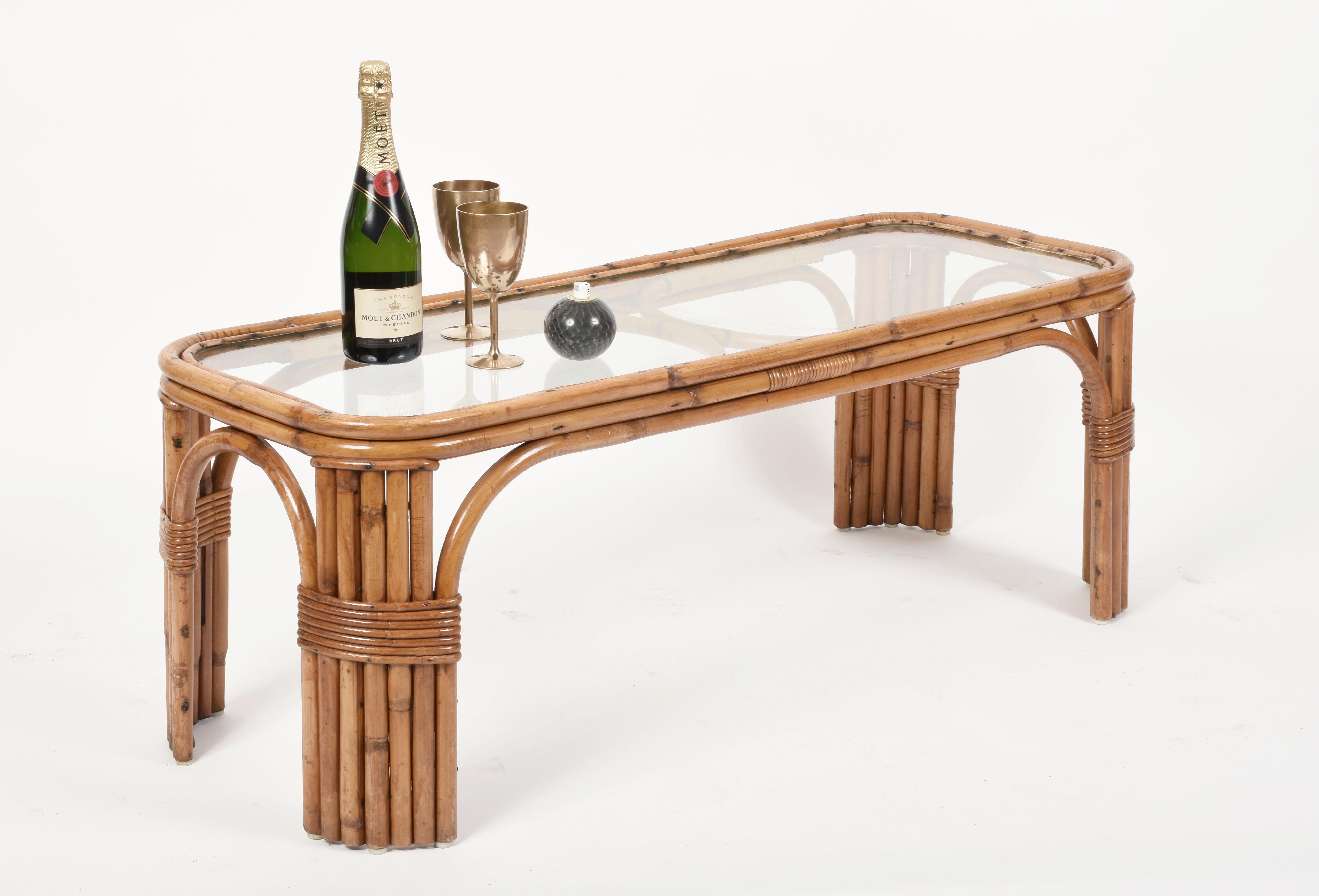 Midcentury Bamboo and Rattan Italian Rectangular Coffee Table with ...
