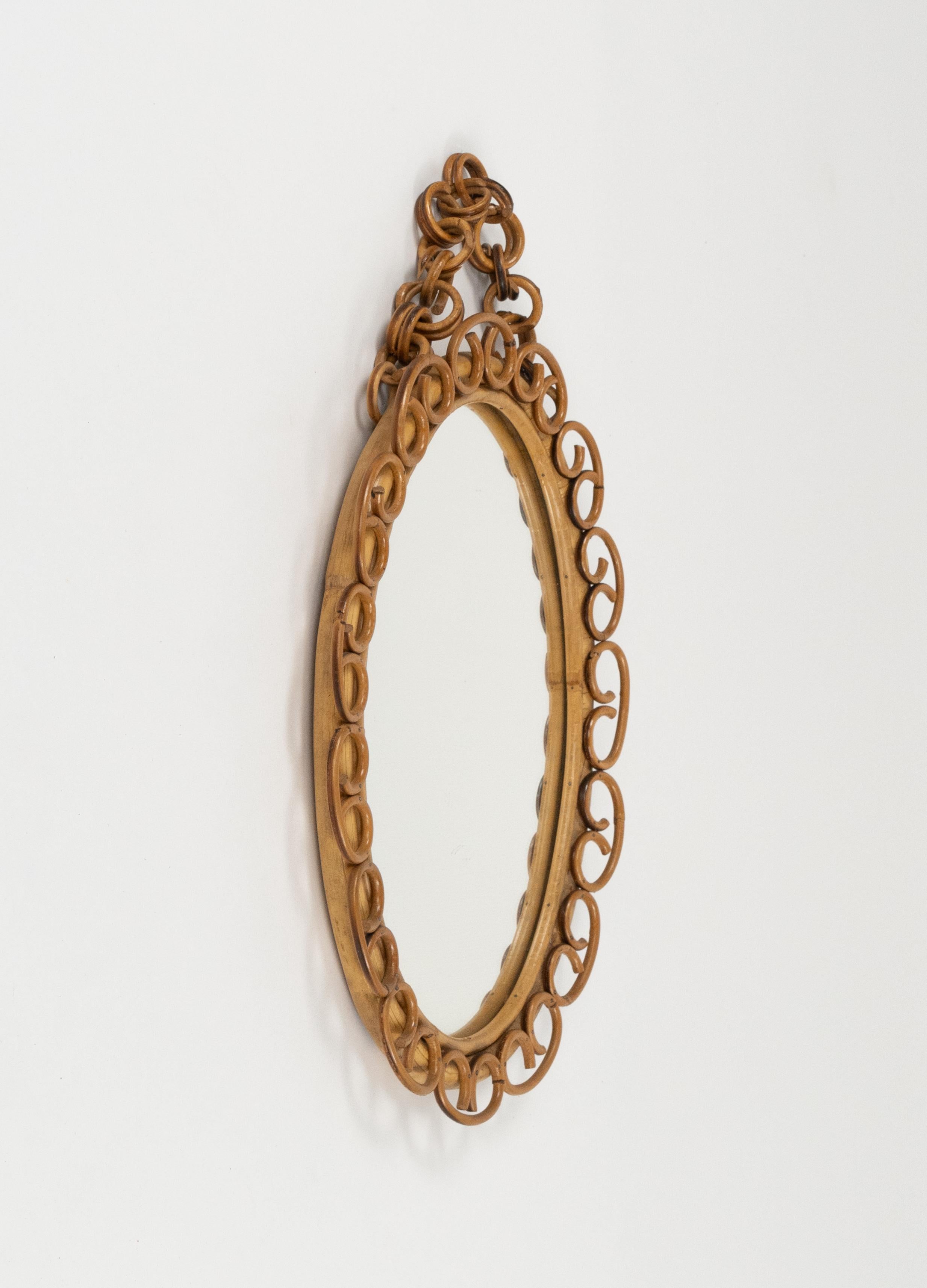 Midcentury Bamboo and Rattan Oval Wall Mirror with Chain, Italy 1960s ...