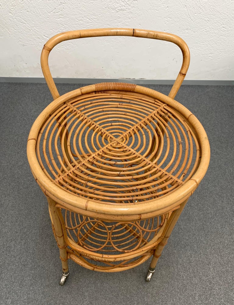 Midcentury Bamboo and Rattan Round Italian Service Side Bar Cart, 1960s ...