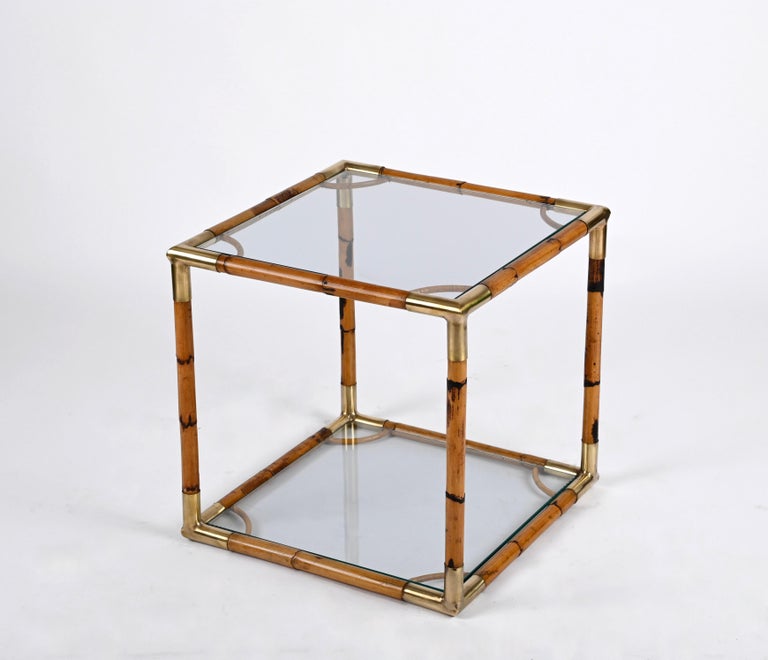 Midcentury Bamboo, Brass and Crystal Glass Cubic Italian Coffee Table ...