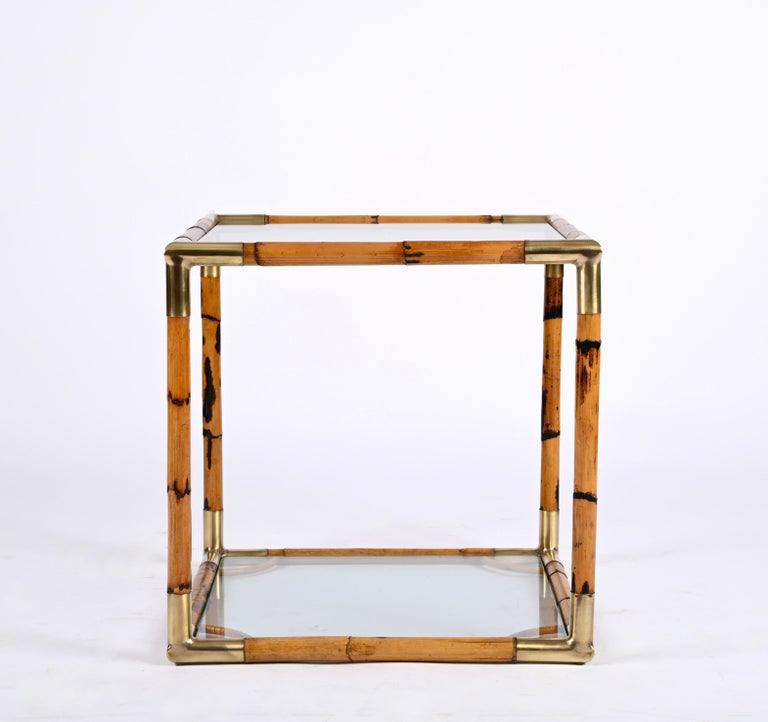 Midcentury Bamboo, Brass and Crystal Glass Cubic Italian Coffee Table ...