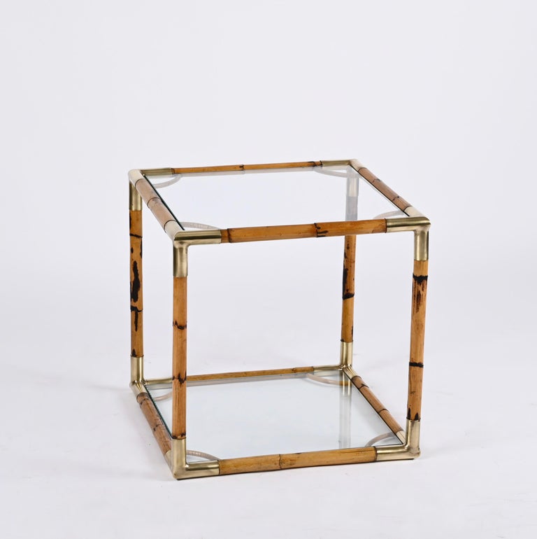 Midcentury Bamboo, Brass and Crystal Glass Cubic Italian Coffee Table ...