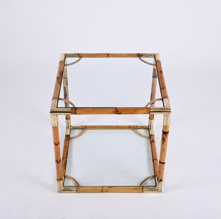 Midcentury Bamboo, Brass and Crystal Glass Cubic Italian Coffee Table ...