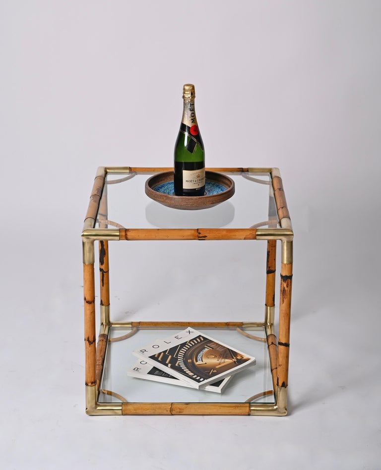 Midcentury Bamboo, Brass and Crystal Glass Cubic Italian Coffee Table ...
