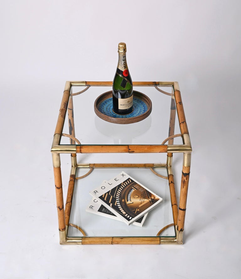 Midcentury Bamboo, Brass and Crystal Glass Cubic Italian Coffee Table ...